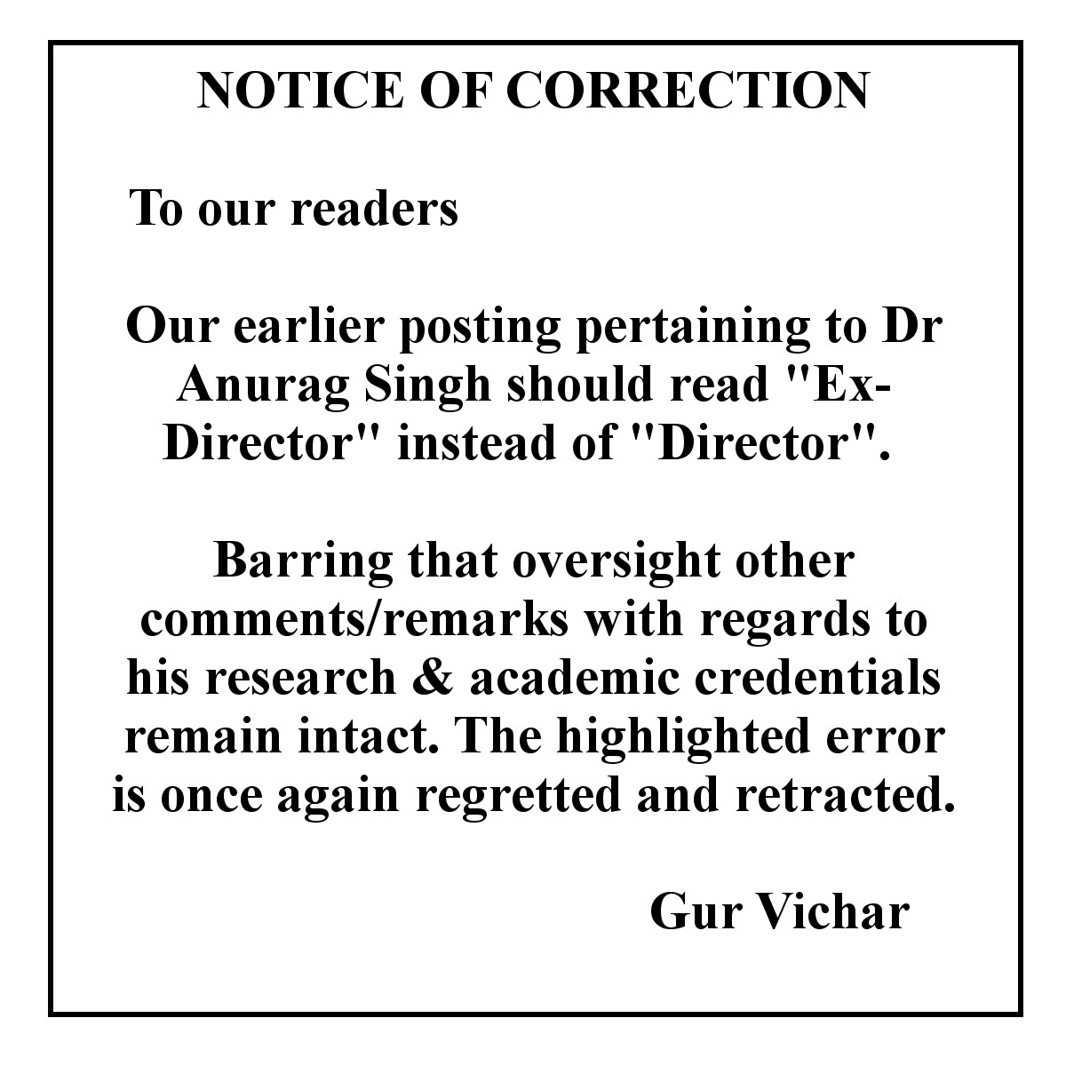 NOTICE OF CORRECTION | Gur Vichar
