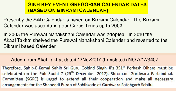 SIKH KEY EVENT GREGORIAN CALENDAR DATES (BASED ON BIKRAMI CALENDAR ...